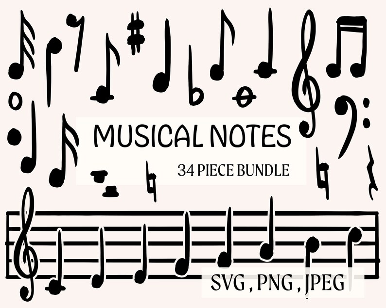 Music Notes SVG Bundle | 34 Musical Note Svgs, Music Teacher Svg, Hand ...