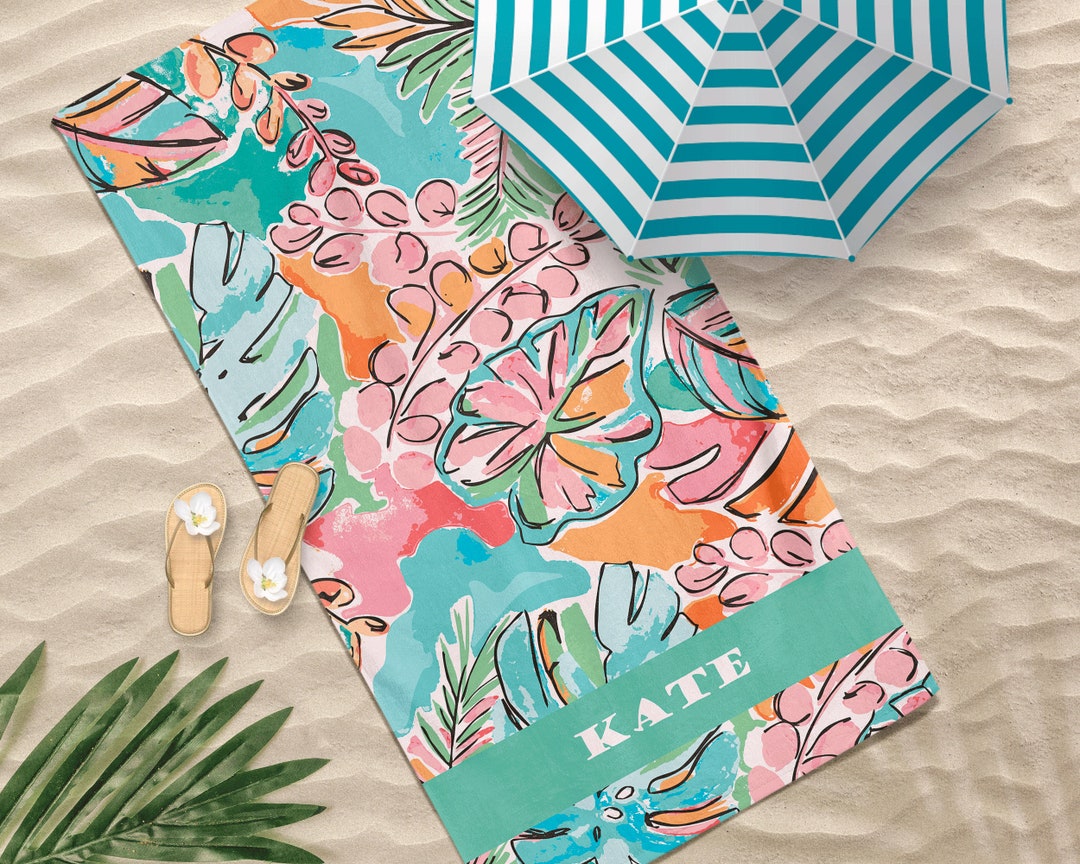 Summer Floral Personalized Name Gift Beach Towel, Customized Gift Towel ...