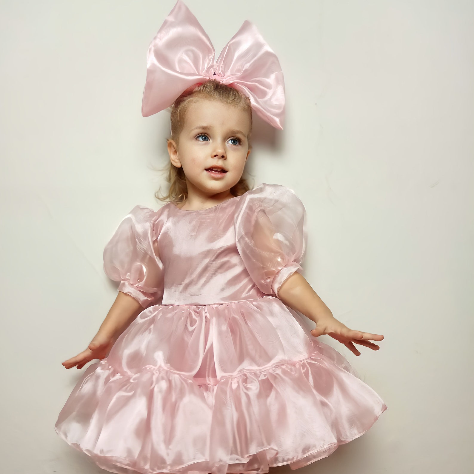 Girls Organza Dress Set With Bowtie Hairband, Flower Girl Dress, Puffy ...