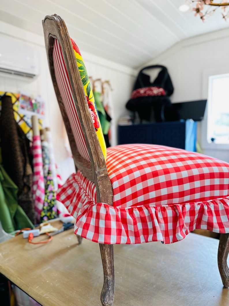 Vintage Cottagecore Accent Chair Bold Floral Yellow and Red Gingham ...
