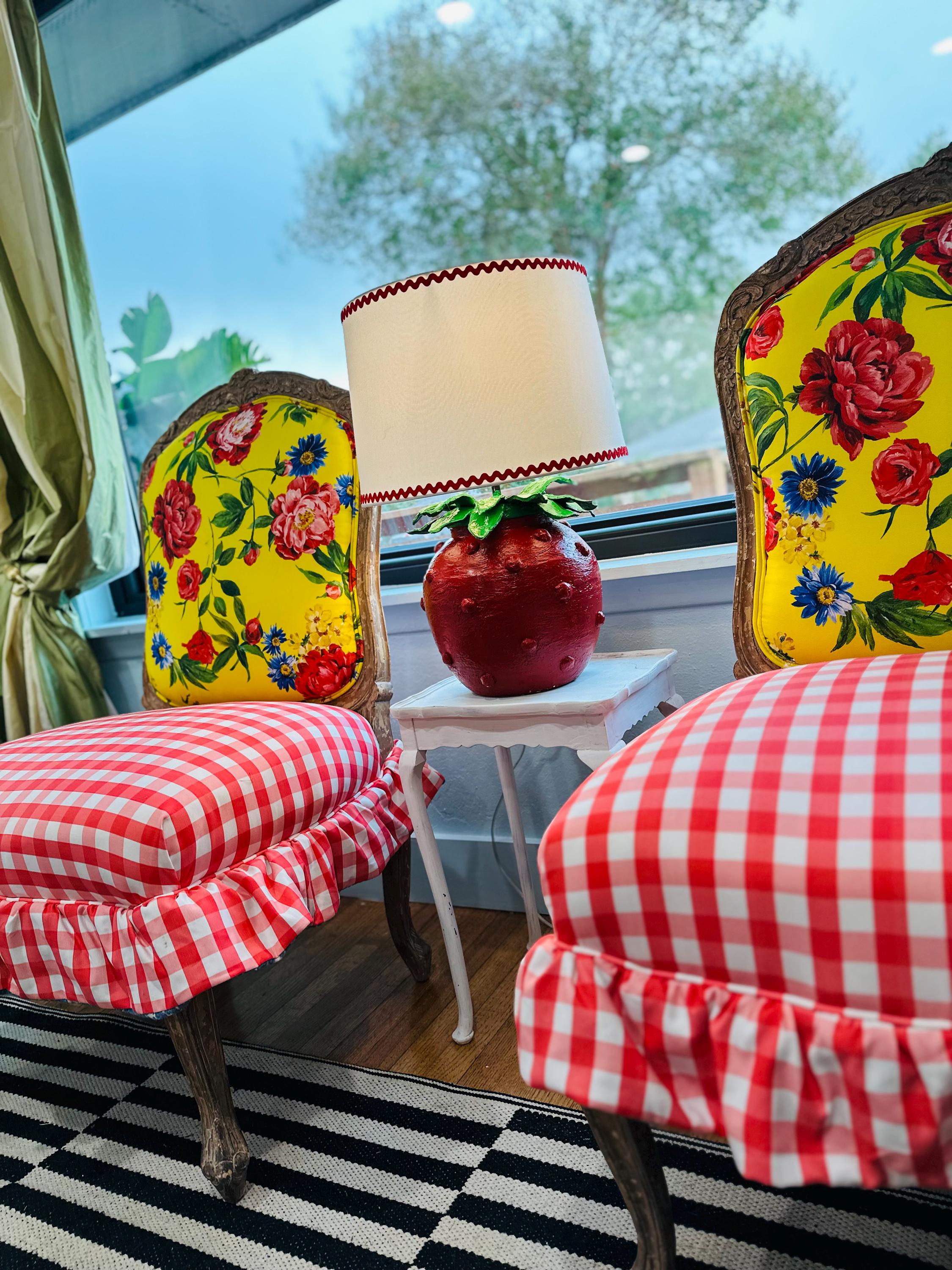 Vintage Cottagecore Accent Chair Bold Floral Yellow and Red Gingham ...