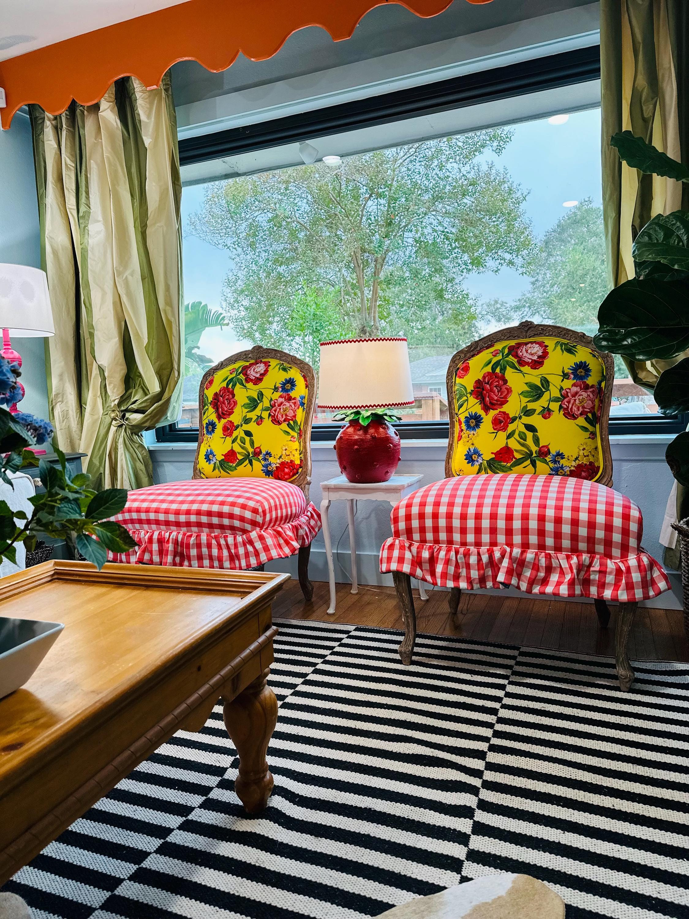 Vintage Cottagecore Accent Chair Bold Floral Yellow and Red Gingham ...