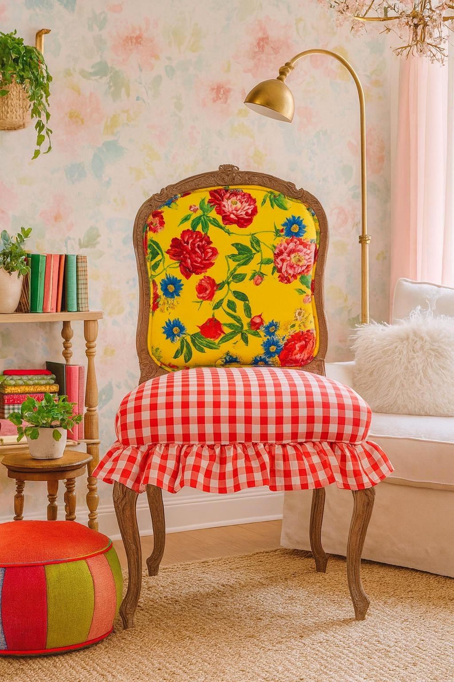 Vintage Cottagecore Accent Chair Bold Floral Yellow and Red Gingham ...