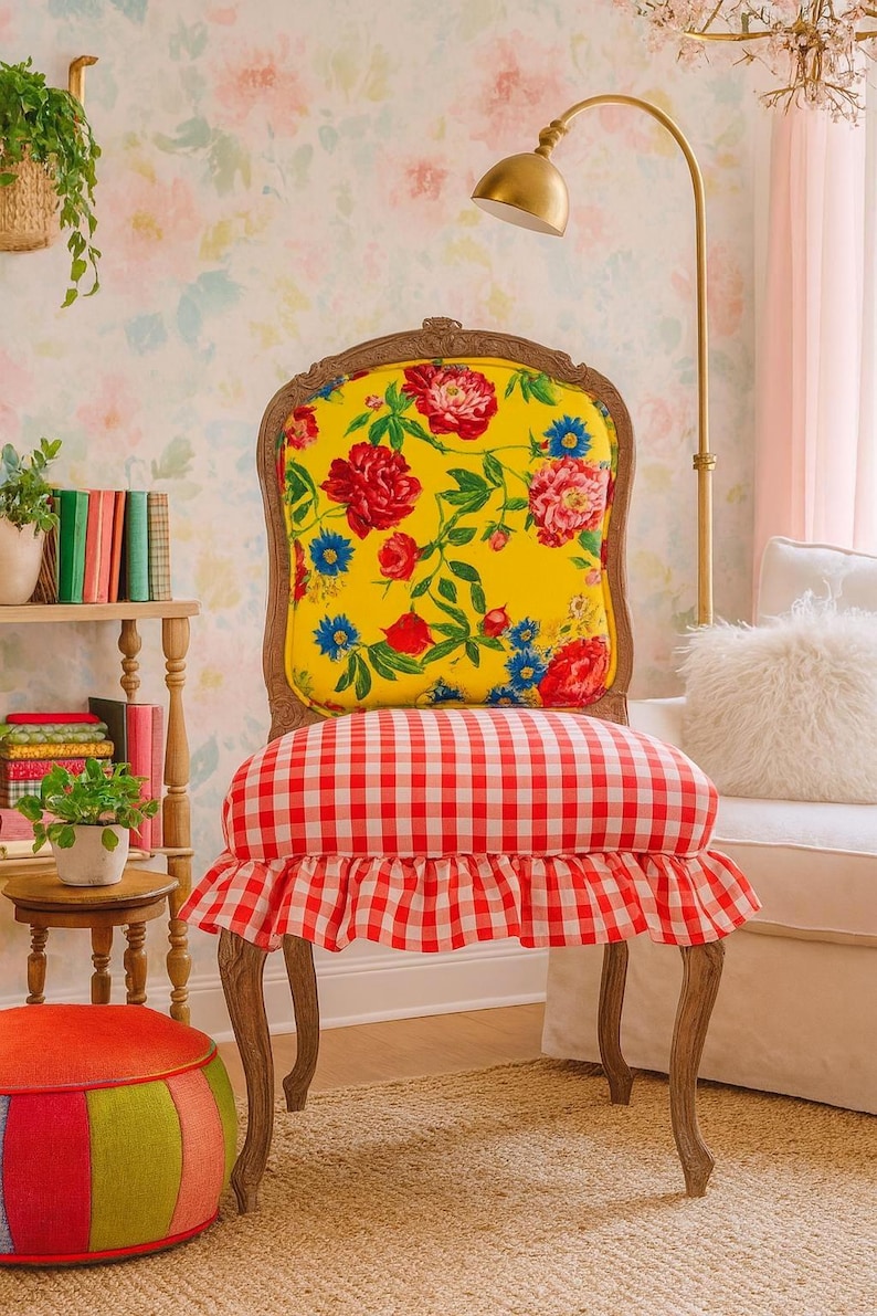 Vintage Cottagecore Accent Chair Bold Floral Yellow and Red Gingham ...