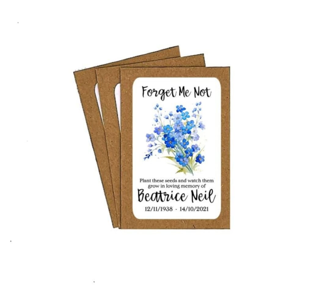 X50 Personalised Funeral Forget Me Not Flower Seed Packets Envelopes ...