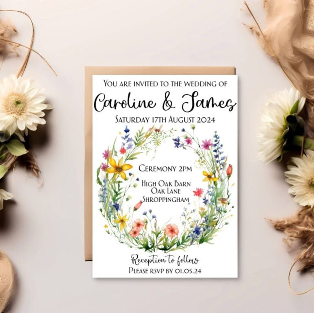 Personalised A5 Wedding Invitations With Envelopes | Wildflower Wedding ...