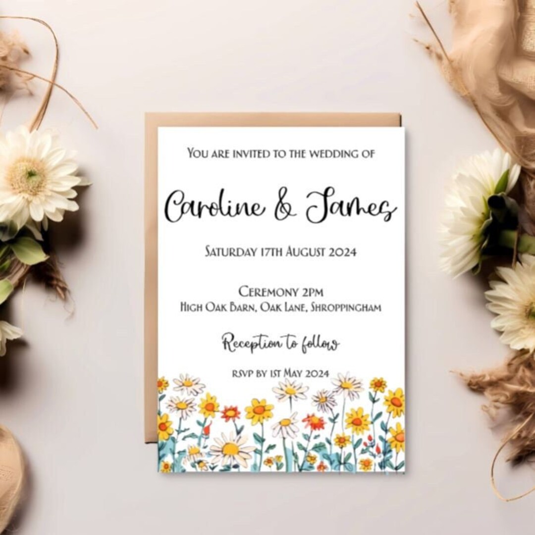 Personalised A5 Daisy Wedding Invitations With Envelopes | Daisy Flower ...
