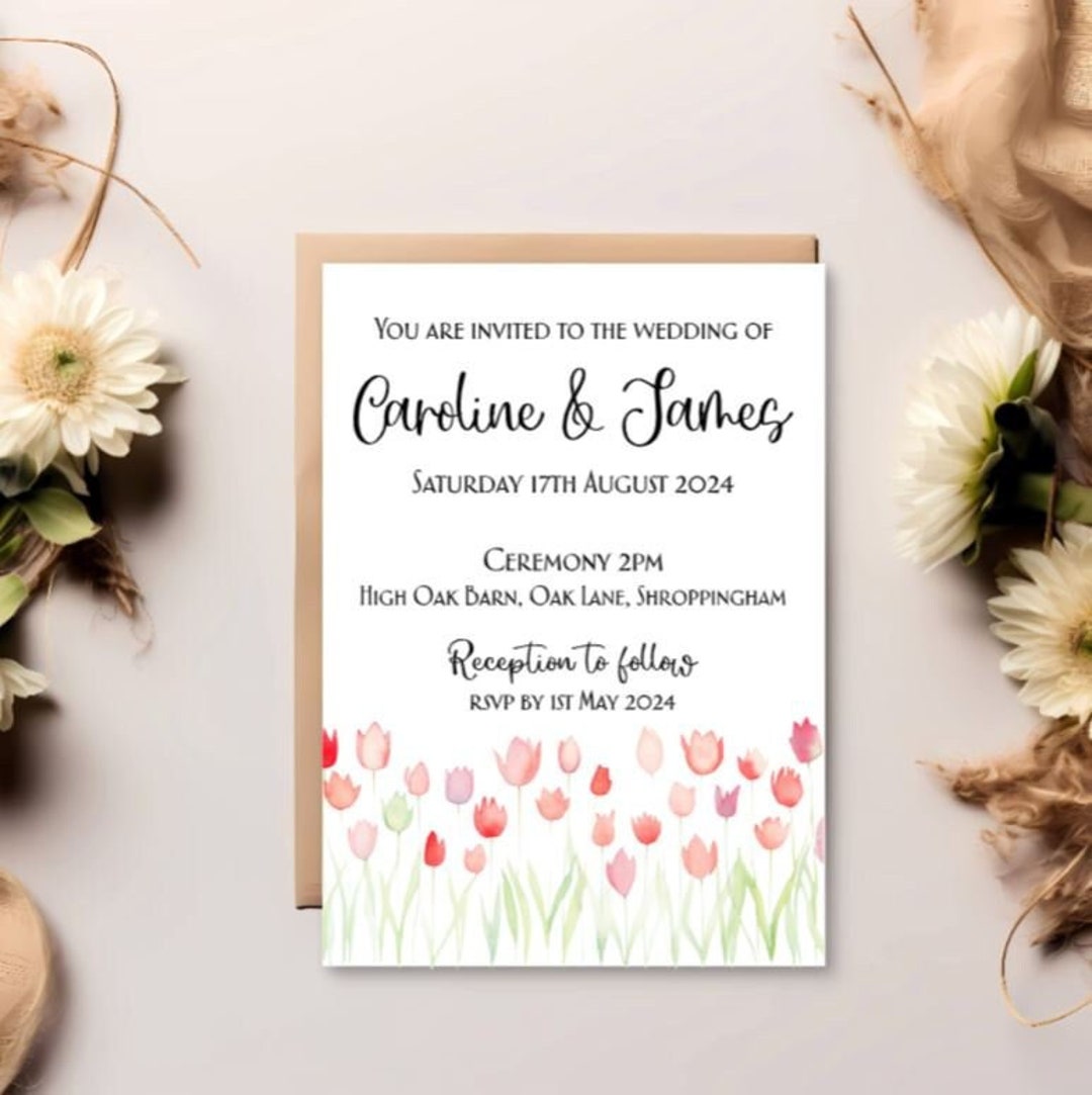 Personalised A5 Wedding Invitations With Envelopes | Red Tulip Flower ...