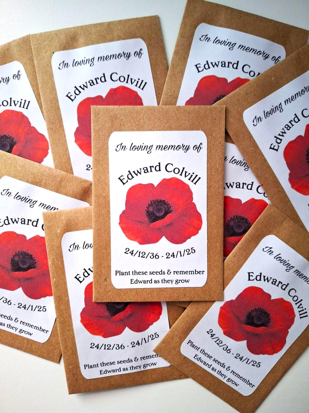 Personalised Funeral Poppy Seed Packets Envelopes With Seeds - Memorial ...