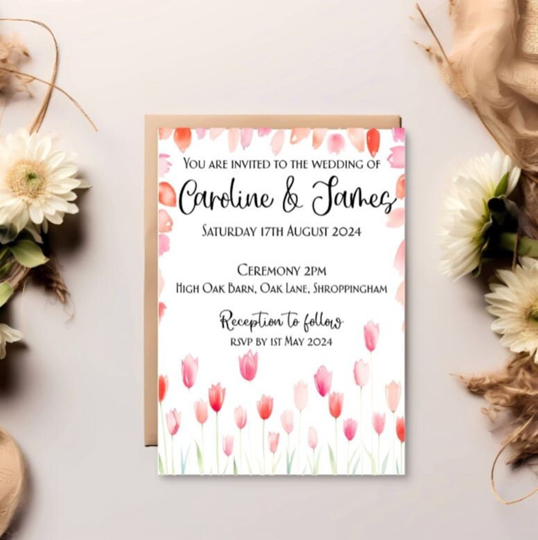 Personalised A5 Wedding Invitations With Envelopes | Red Tulip Flower ...
