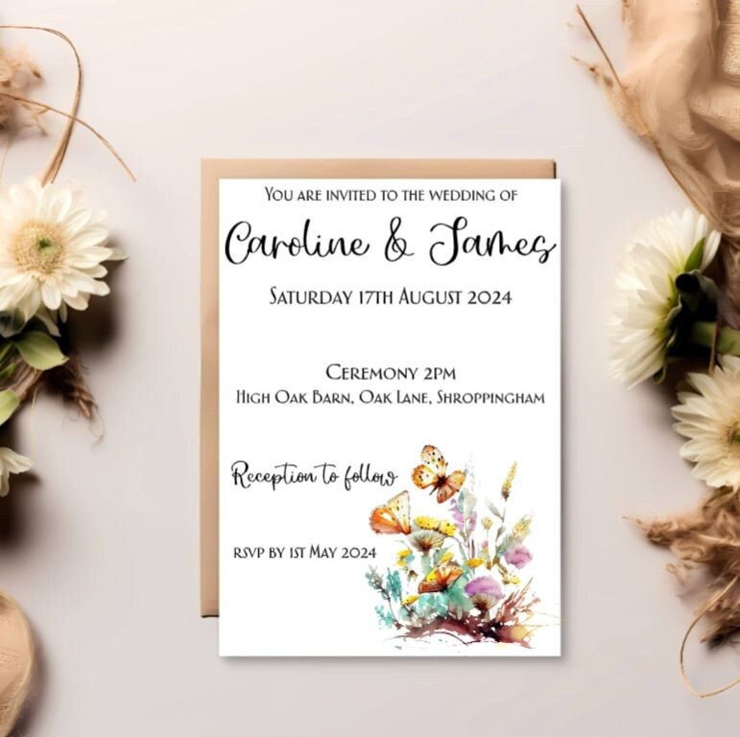 Personalised A5 Wedding Invitations With Envelopes | Wildflower ...