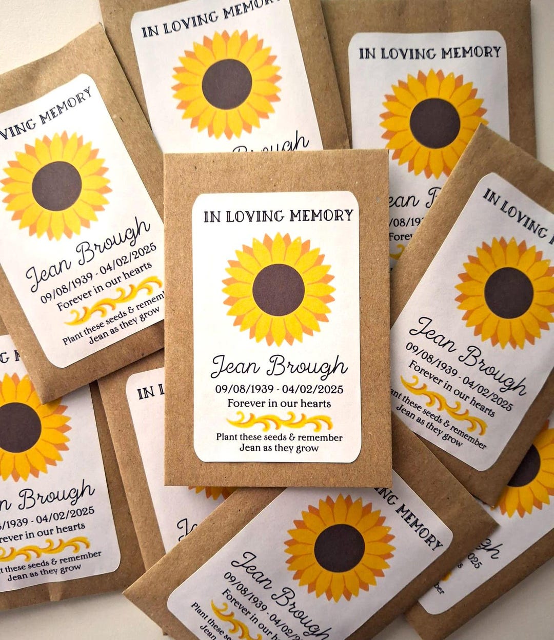 X50 Personalised Funeral Sunflower Seed Packets Envelopes With Seeds ...