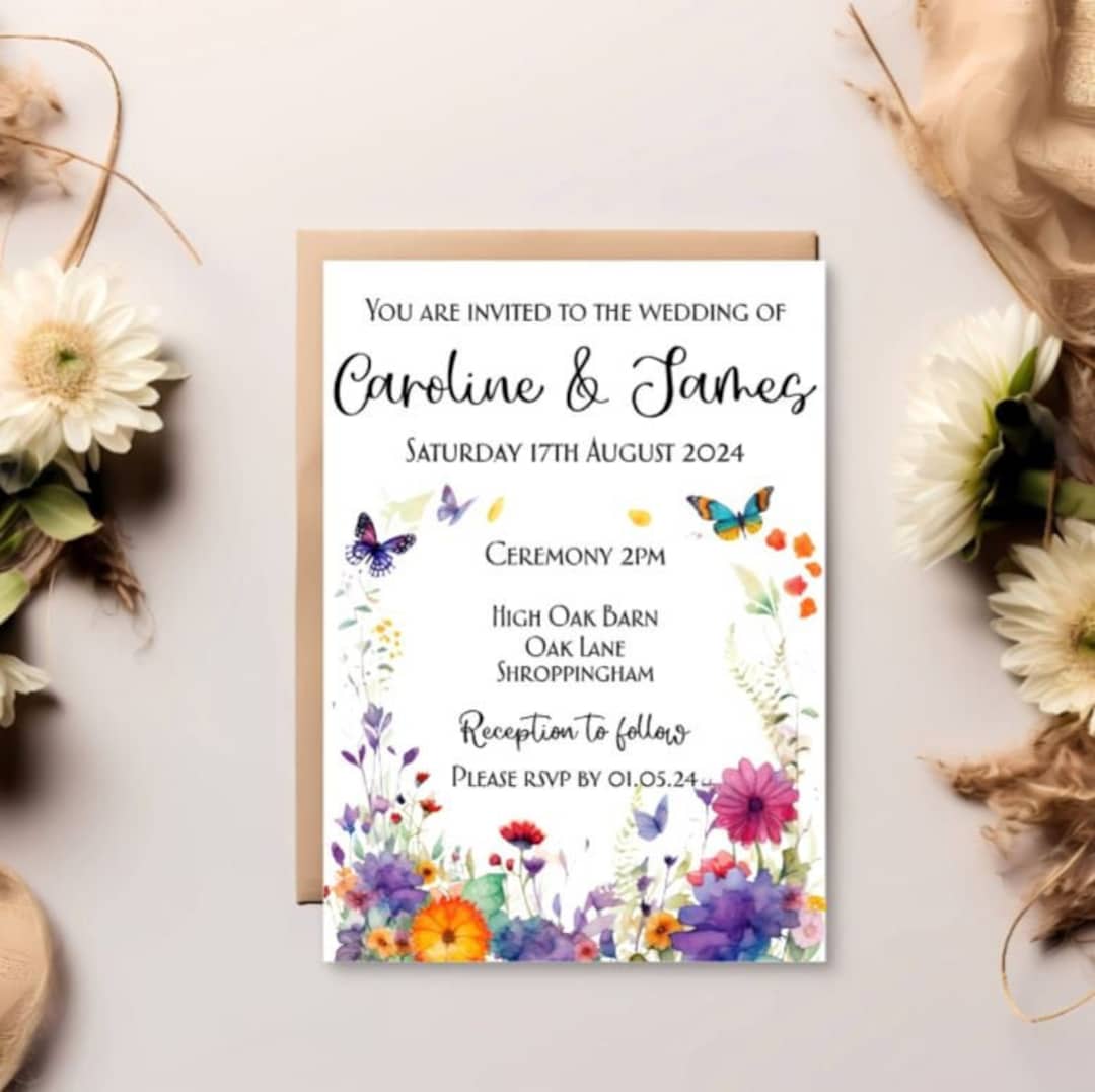 Personalised A5 Wedding Invitations With Envelopes | Wildflower ...