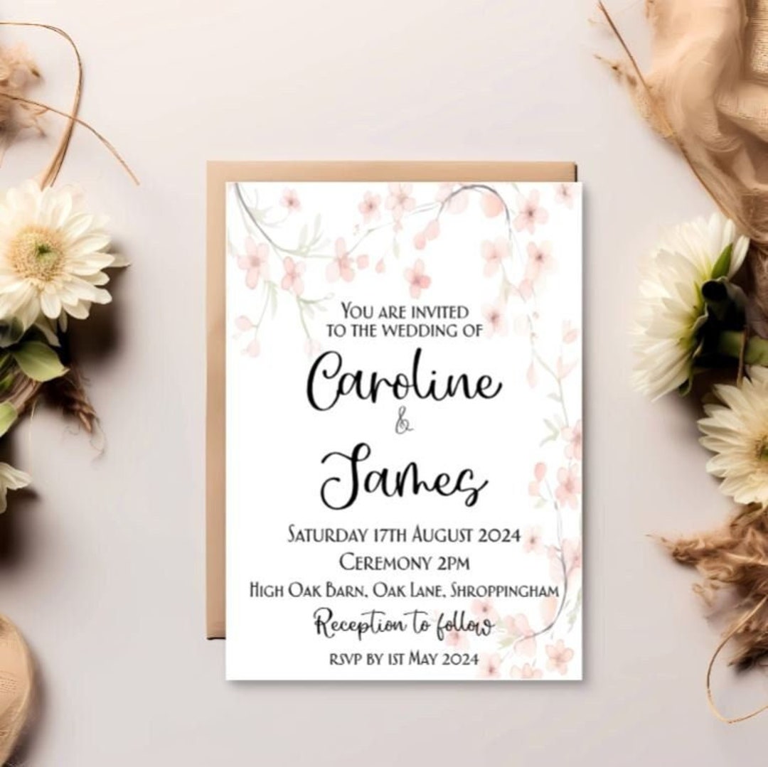 Personalised A5 Wedding Invitations With Envelopes | Pink Floral ...