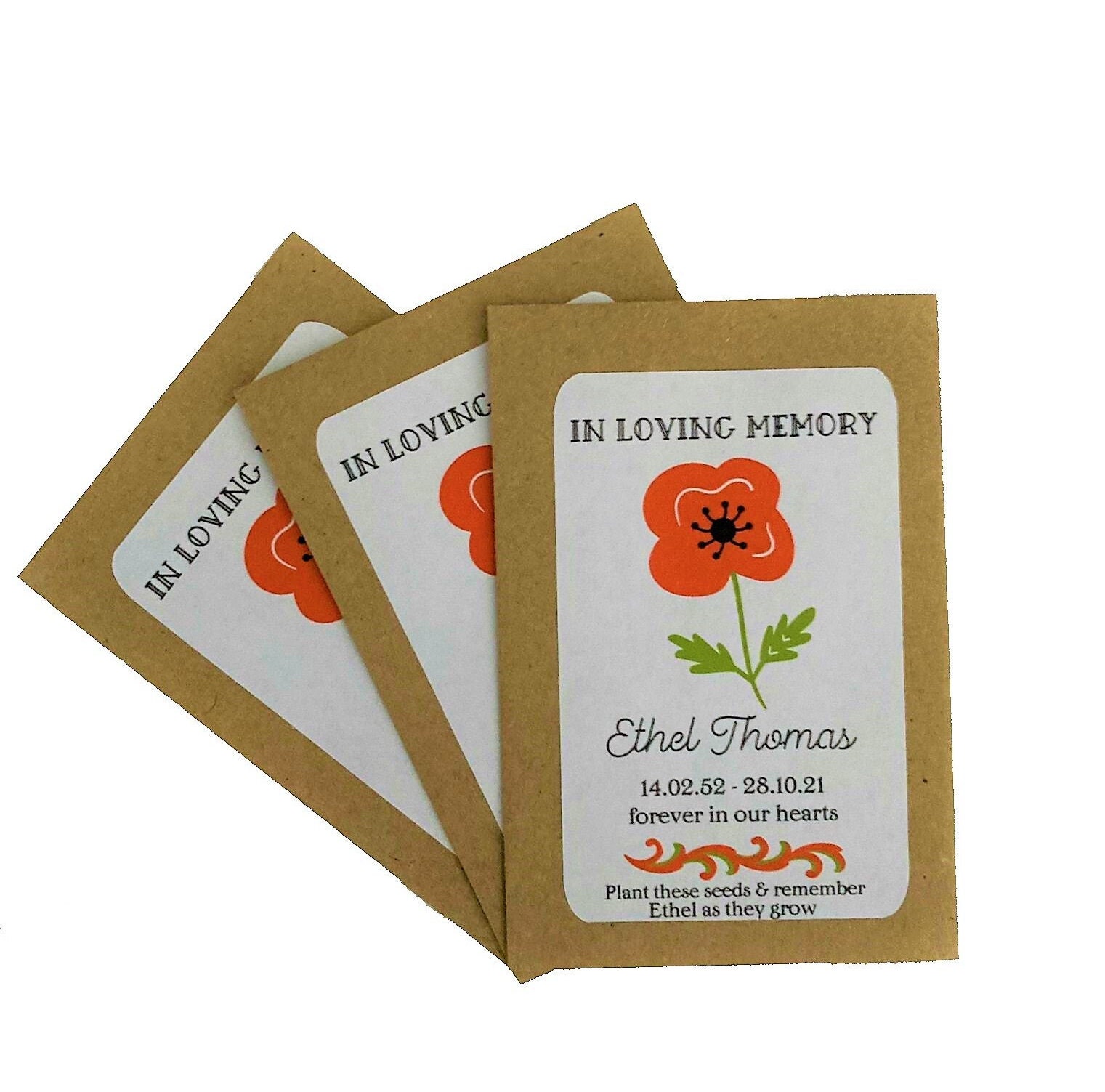 Personalised Funeral Poppy Seed Packets Envelopes Memorial Remembrance ...