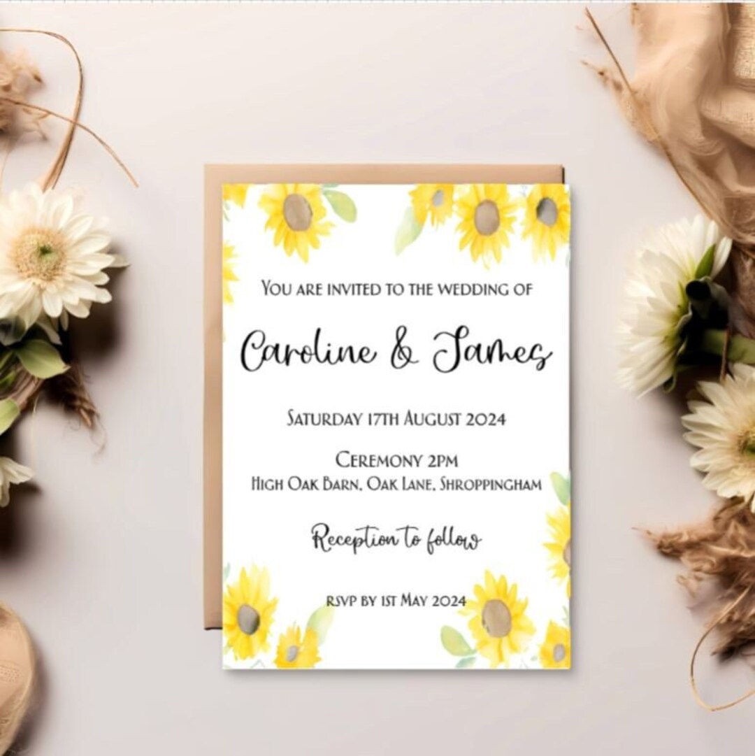 Personalised A5 Wedding Invitations With Envelopes | Rustic Yellow ...