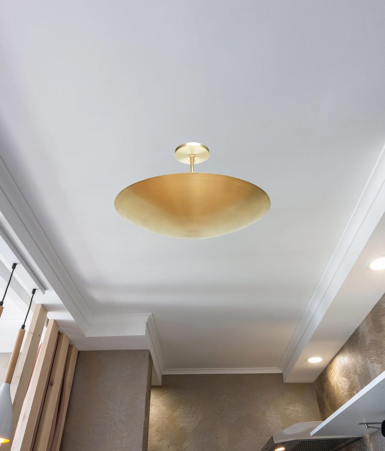 Mid Century Modern Chandelier - Six Light Raw Brass Bowl Flush Mount ...