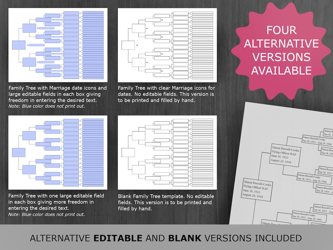 6 Generation Family Tree Chart: Printable and Editable Genealogy ...