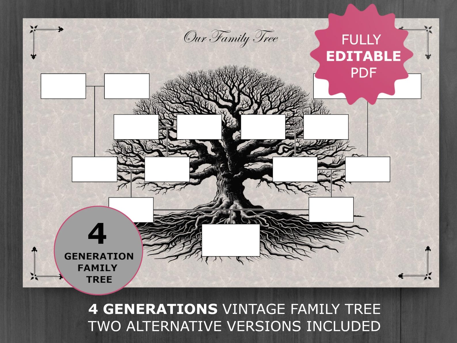 Vintage Family Tree for 4 Generations. Printable and Editable Family ...