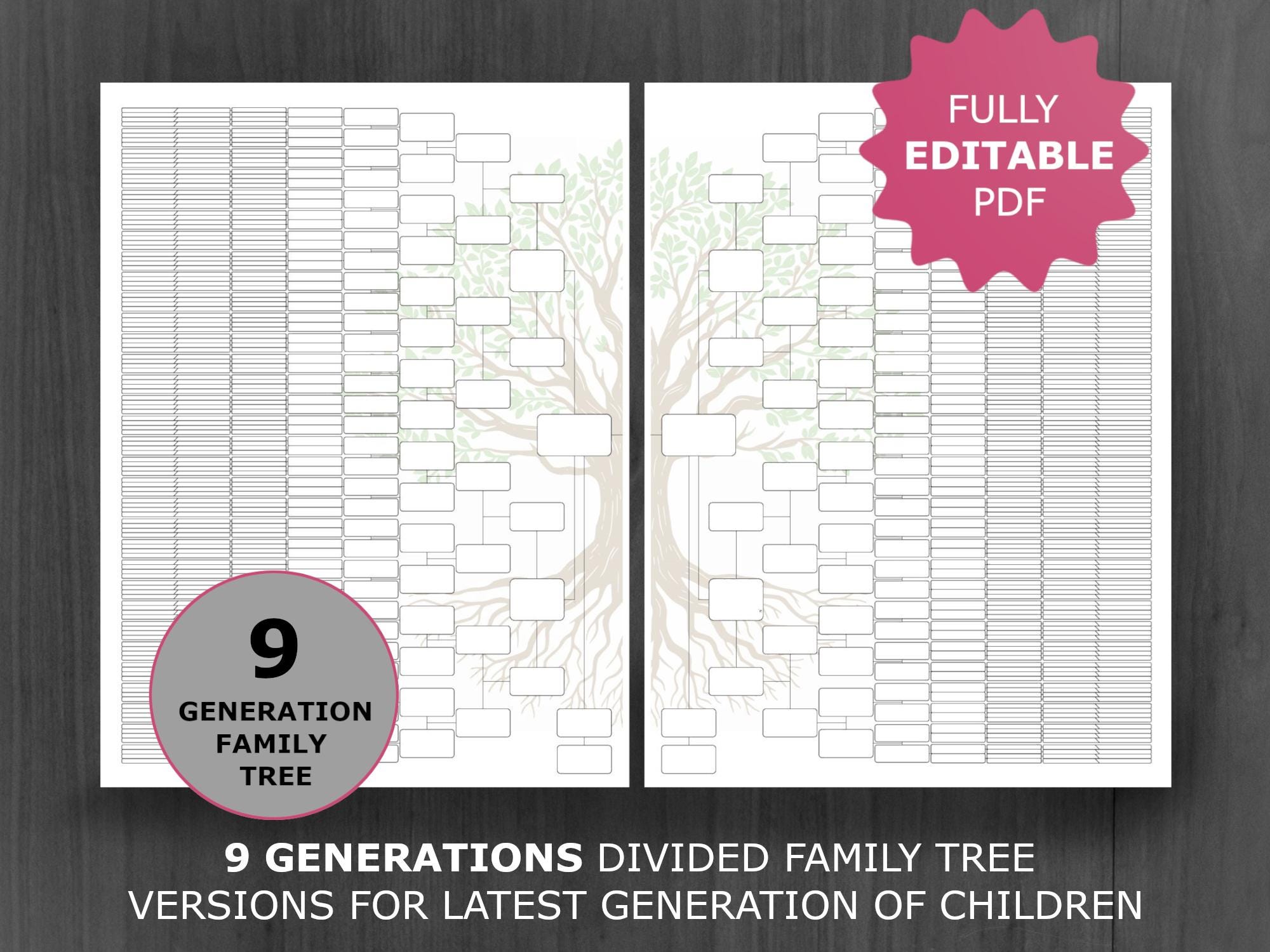 Divided 9 Generation Family Tree Chart With Children: Printable and ...