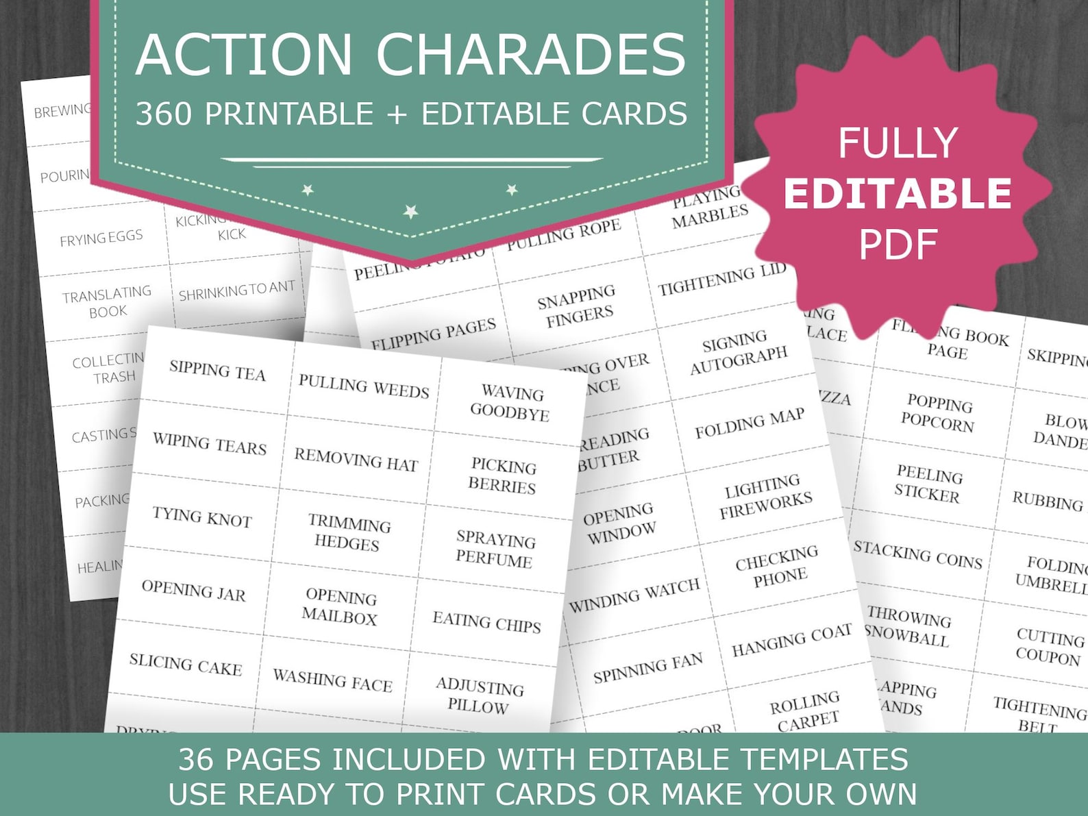 Action Charade Cards, 360 Printable Editable Charades, Family Games ...