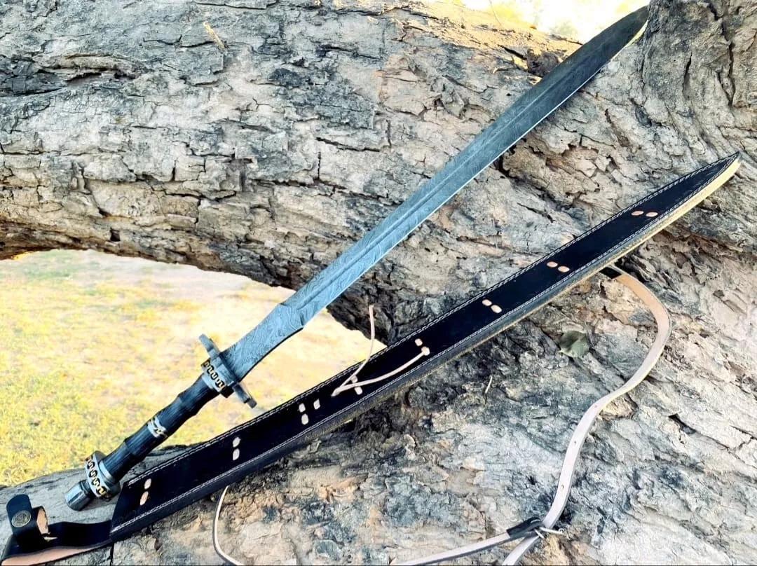 Hand Made Damascus Steel Sword With Black Leather Sheath, Damascus ...