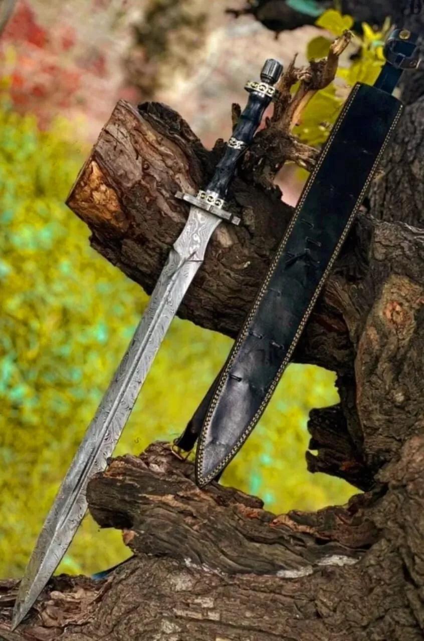 Hand Made Damascus Steel Sword With Black Leather Sheath, Damascus ...