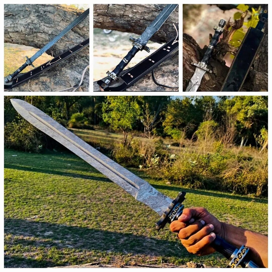 Hand Made Damascus Steel Sword With Black Leather Sheath, Damascus ...