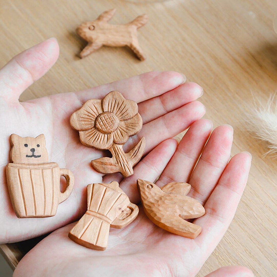 Hand-carved Walnut Brooch Cute Little Animals Rabbit Bird - Etsy