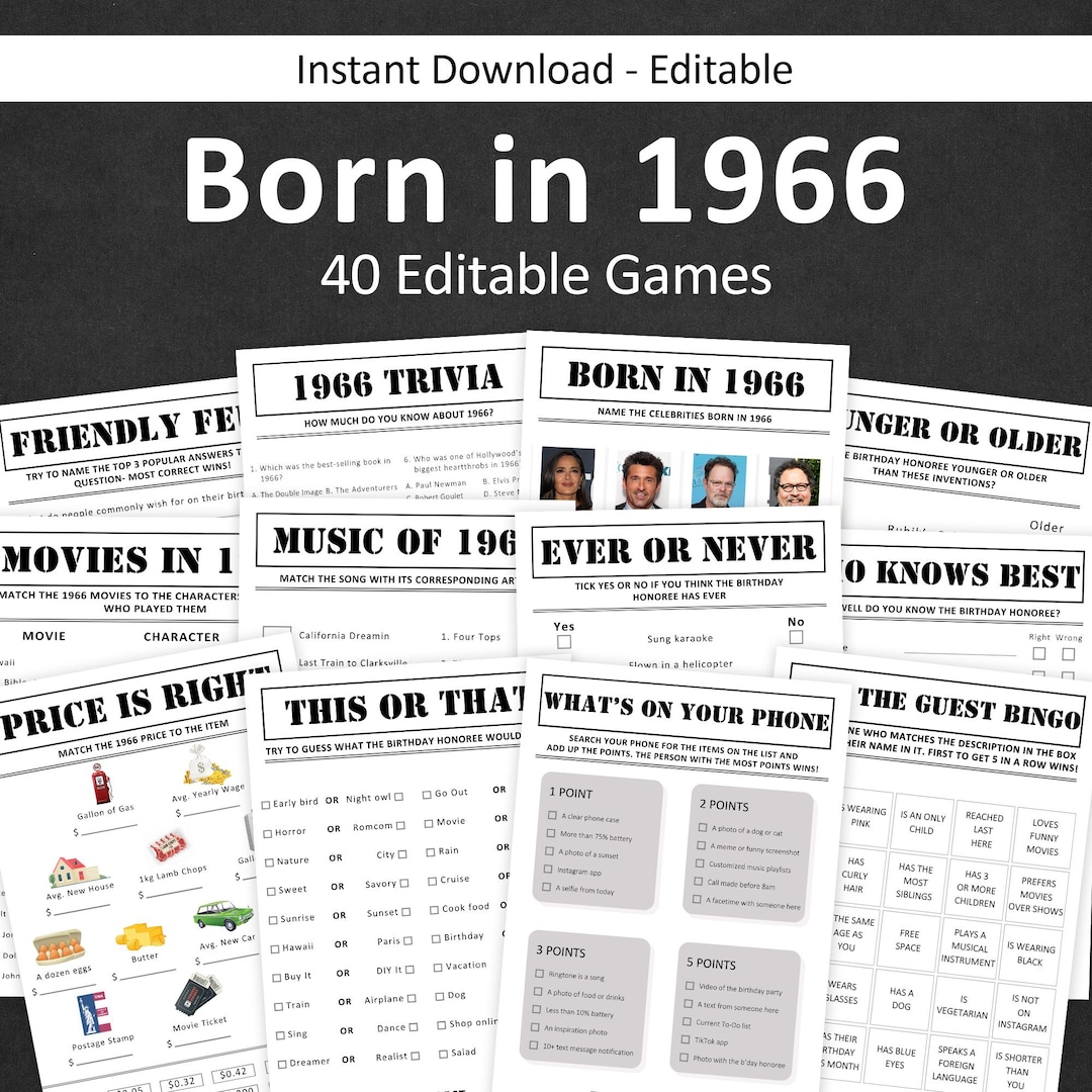 60th Birthday Games Bundle 60th Birthday Party Games 1966 Trivia Born ...