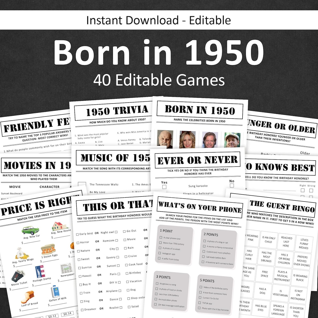 75th Birthday Games Bundle 75th Birthday Party Games 1950 Trivia Born ...