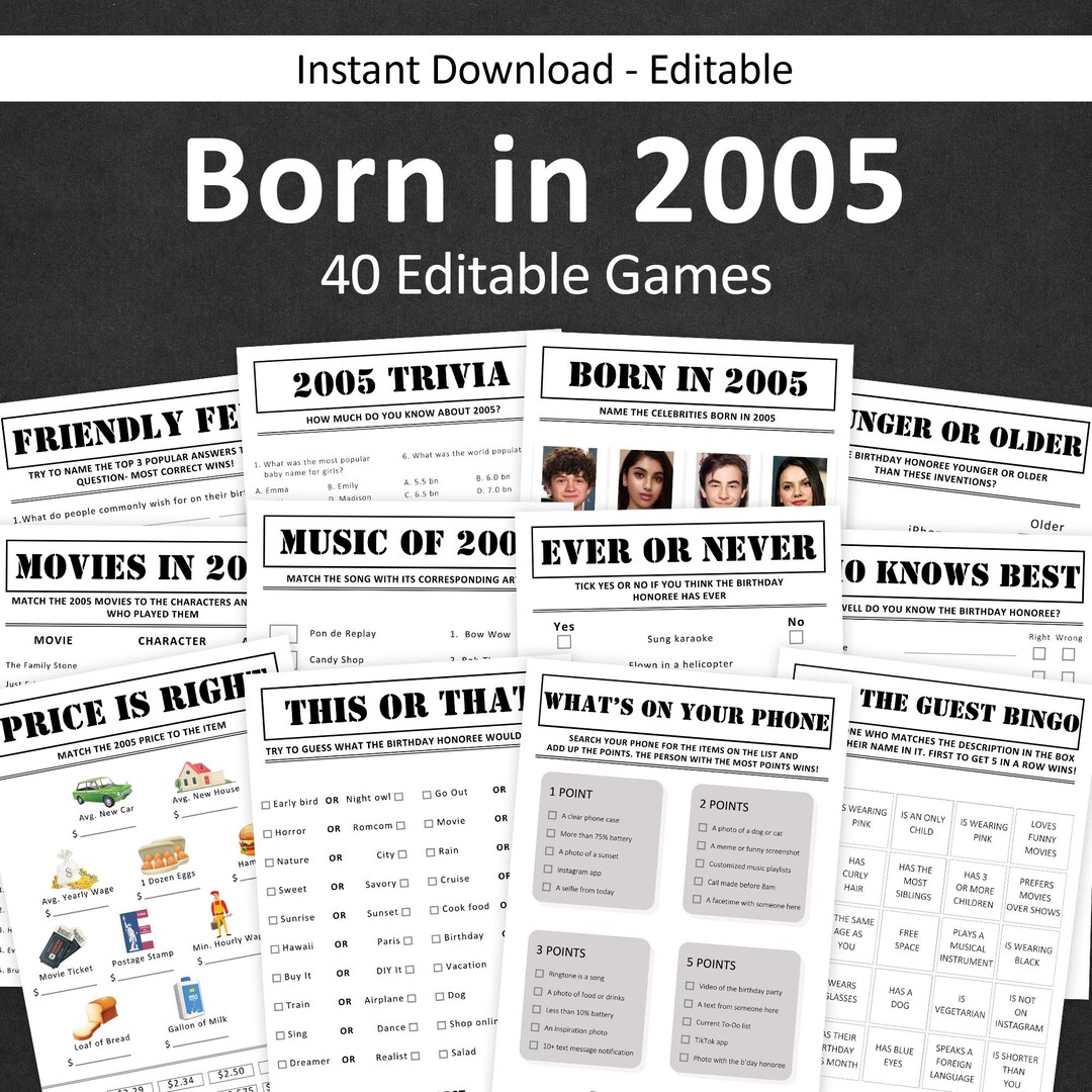 20th Birthday Games Bundle 20th Birthday Party Games 2005 Trivia Born ...