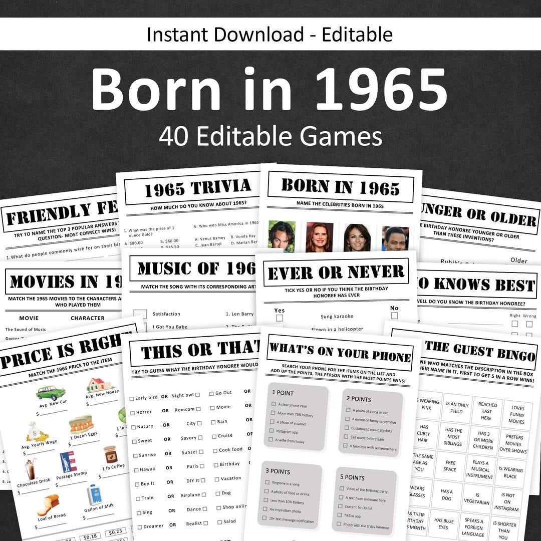 61st Birthday Games Bundle 61st Birthday Party Games 1965 Trivia Born ...