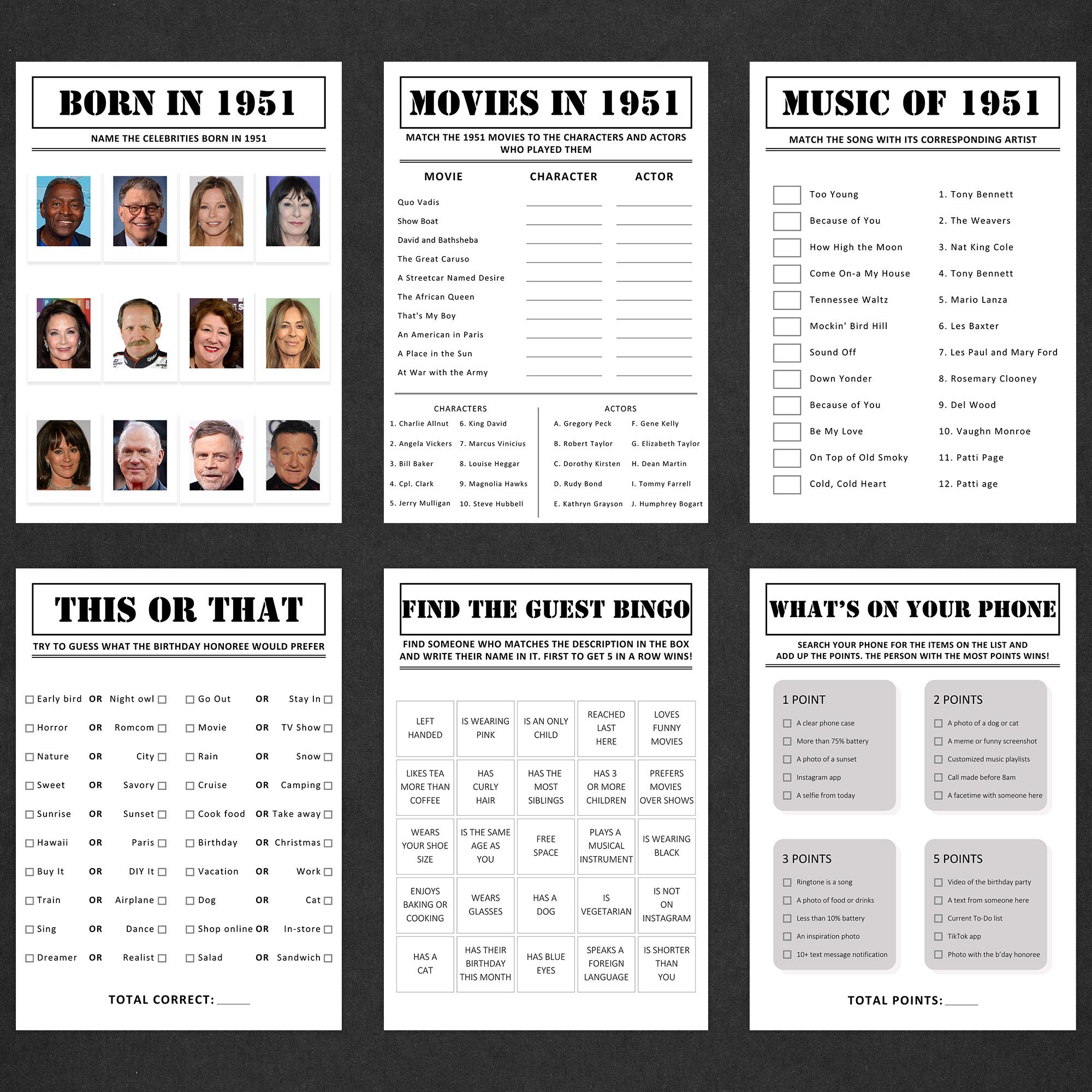 75th Birthday Games Bundle 75th Birthday Party Games 1951 Trivia Born ...