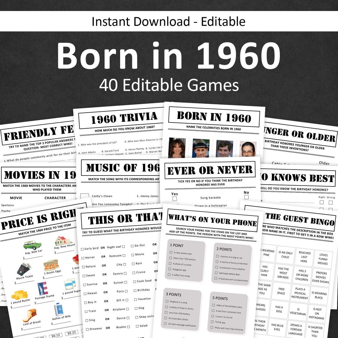 65th Birthday Games Bundle 65th Birthday Party Games 1960 Trivia Born ...
