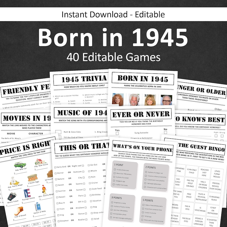 80th Birthday Games Bundle 80th Birthday Party Games 1945 Trivia Born ...