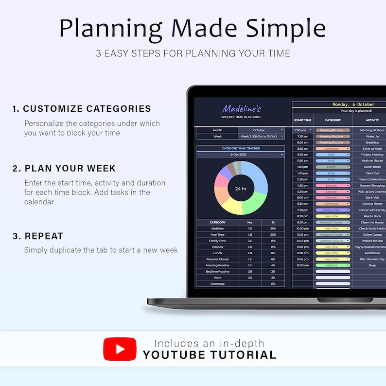Weekly Time Blocking Planner Time Management Spreadsheet Time Tracker ...