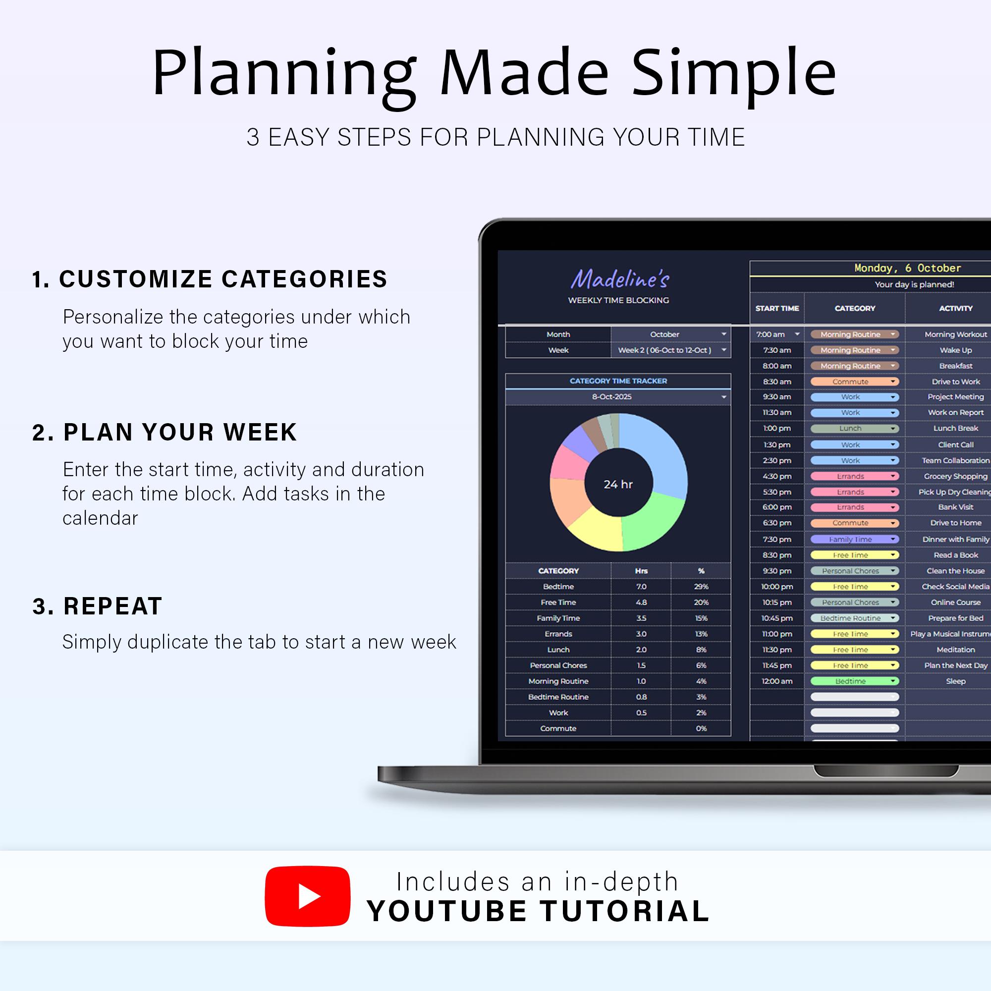 Weekly Time Blocking Planner Time Management Spreadsheet Time Tracker ...