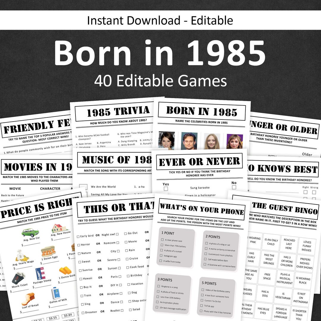 40th Birthday Games Bundle 40th Birthday Party Games 1985 Trivia Born ...