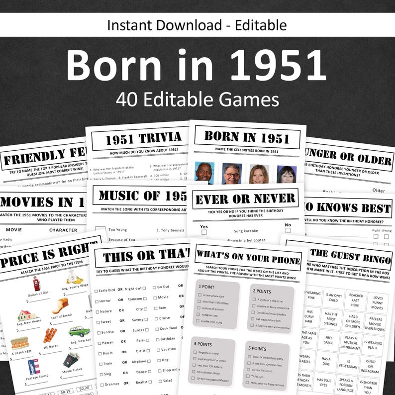 75th Birthday Games Bundle 75th Birthday Party Games 1951 Trivia Born ...