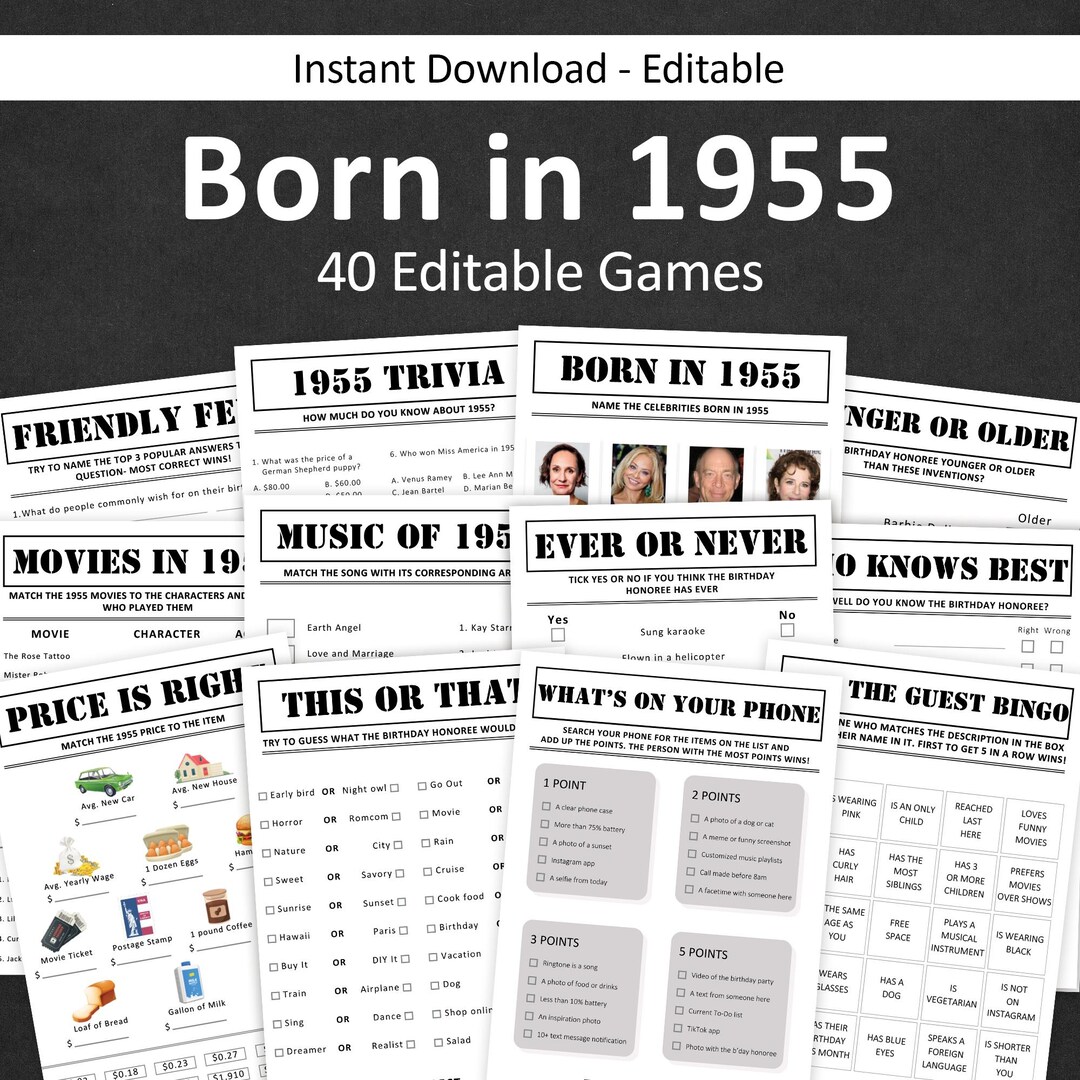 70th Birthday Games Bundle 70th Birthday Party Games 1955 Trivia Born in 1955 70 Year Old Men ...
