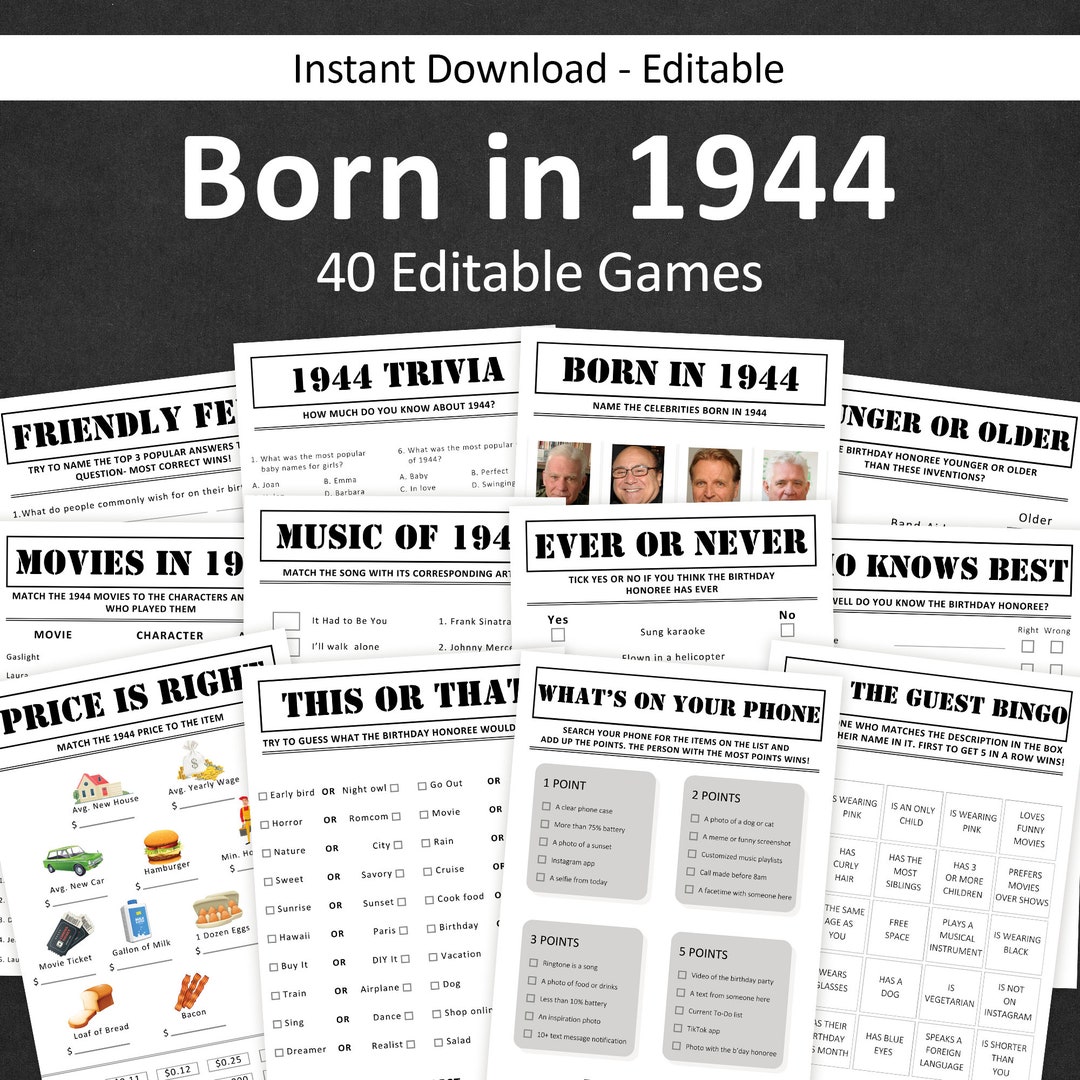 82nd Birthday Games Bundle 82nd Birthday Party Games 1944 Trivia Born ...