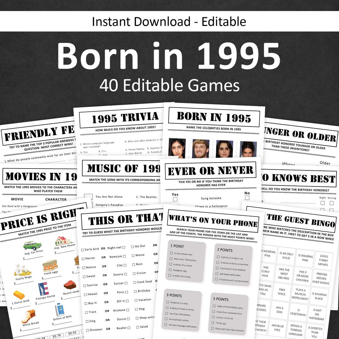 30th Birthday Games Bundle 30th Birthday Party Games 1995 Trivia Born ...