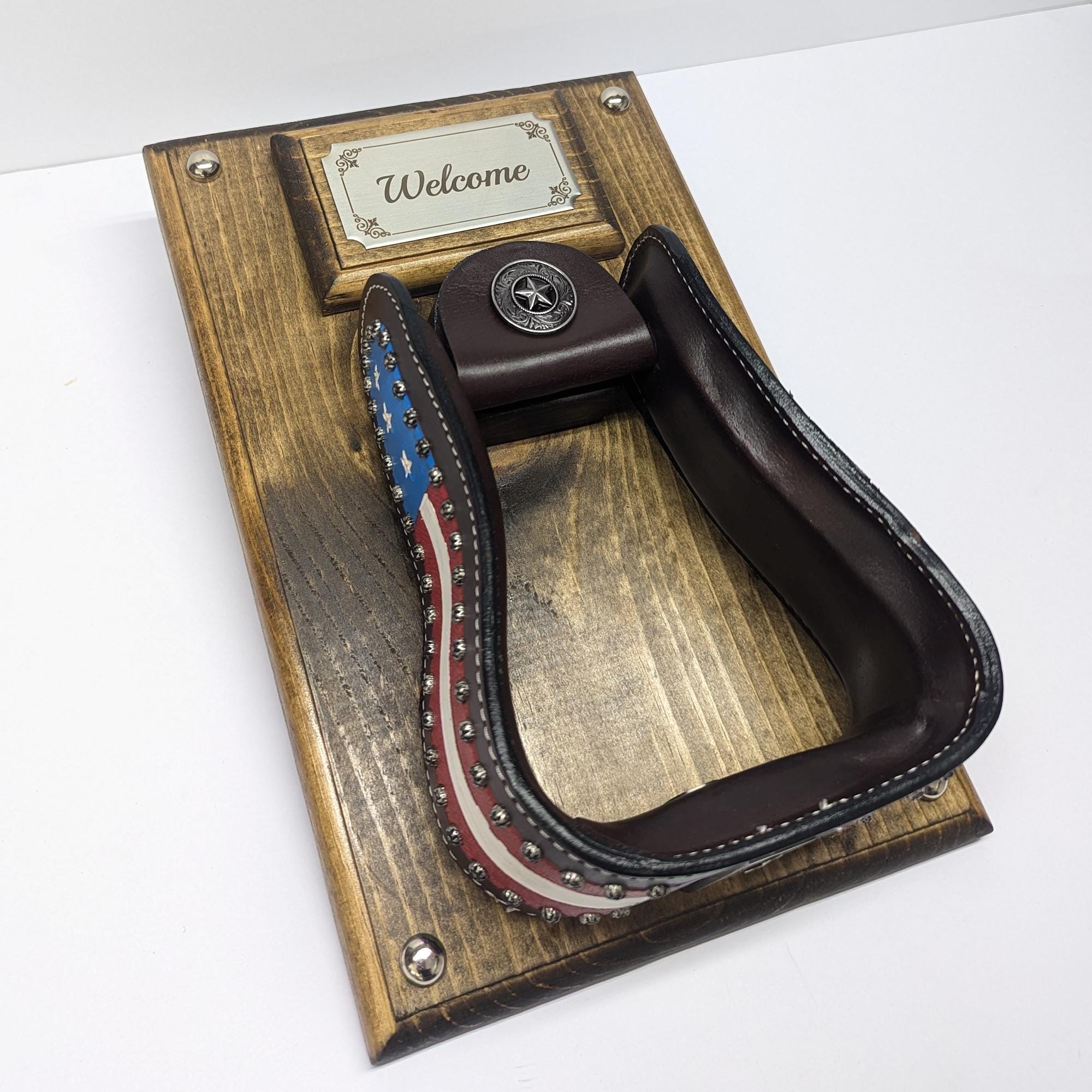 Customizable Western Stirrup Door Knocker - Dark Wood With Gold - Etsy