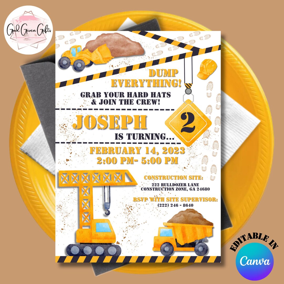 Construction Themed Birthday Party Invitation | Editable Canva ...