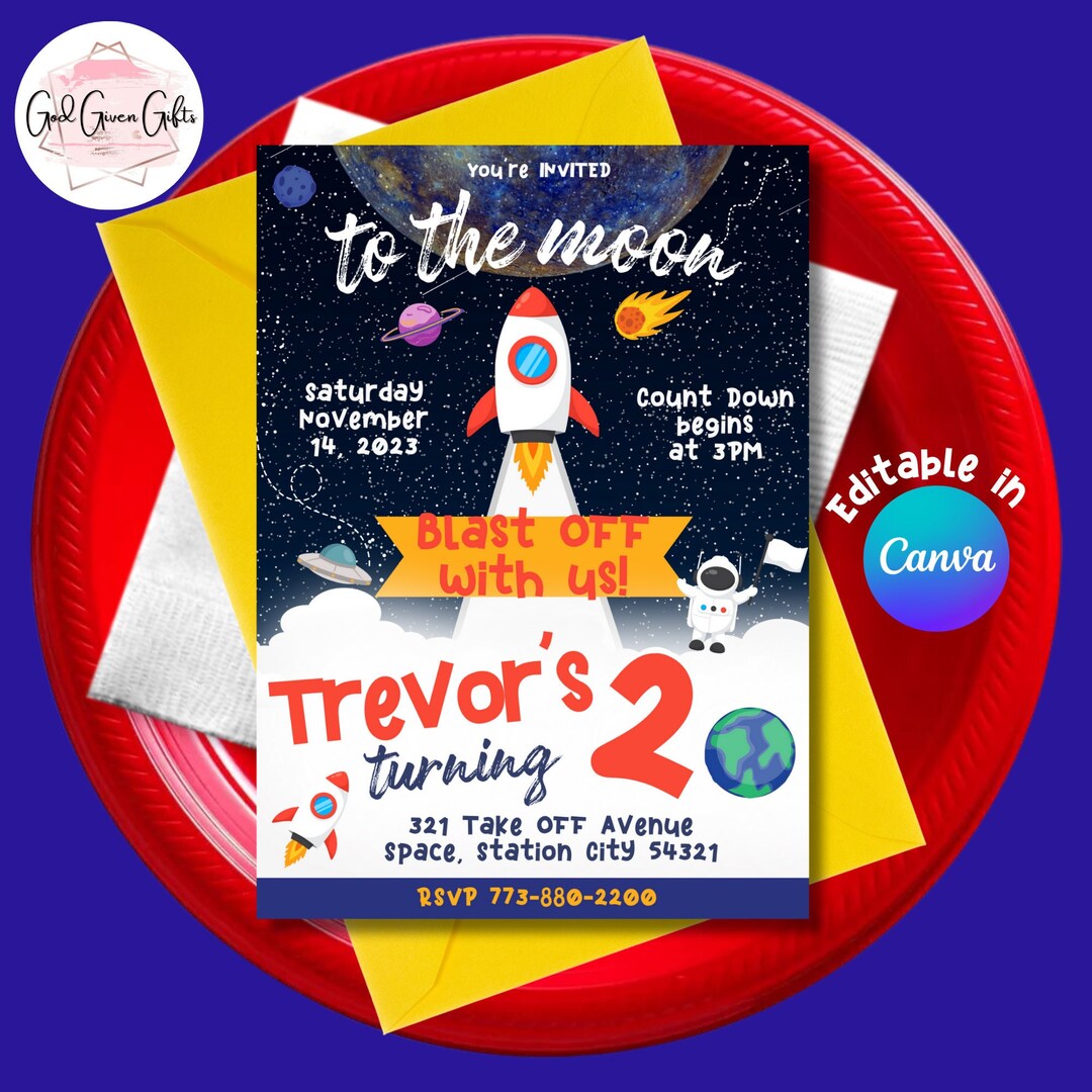 Space Themed Birthday Party Invitation | Editable Canva Template - Etsy