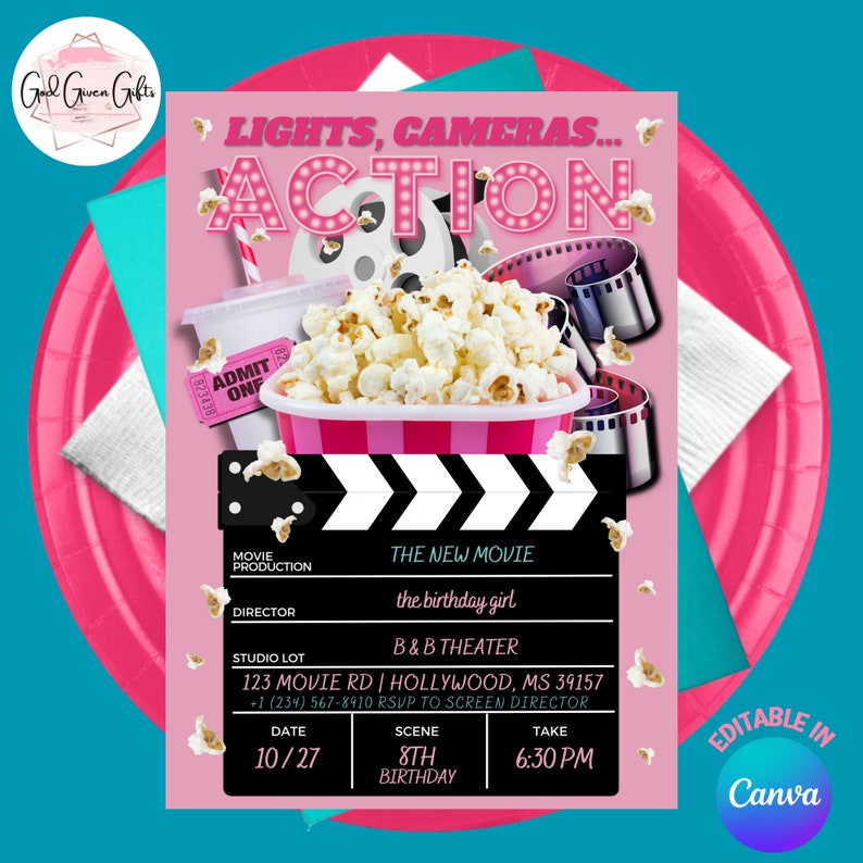 Movie Themed Birthday Party Invitation | Editable Canva Birthday ...