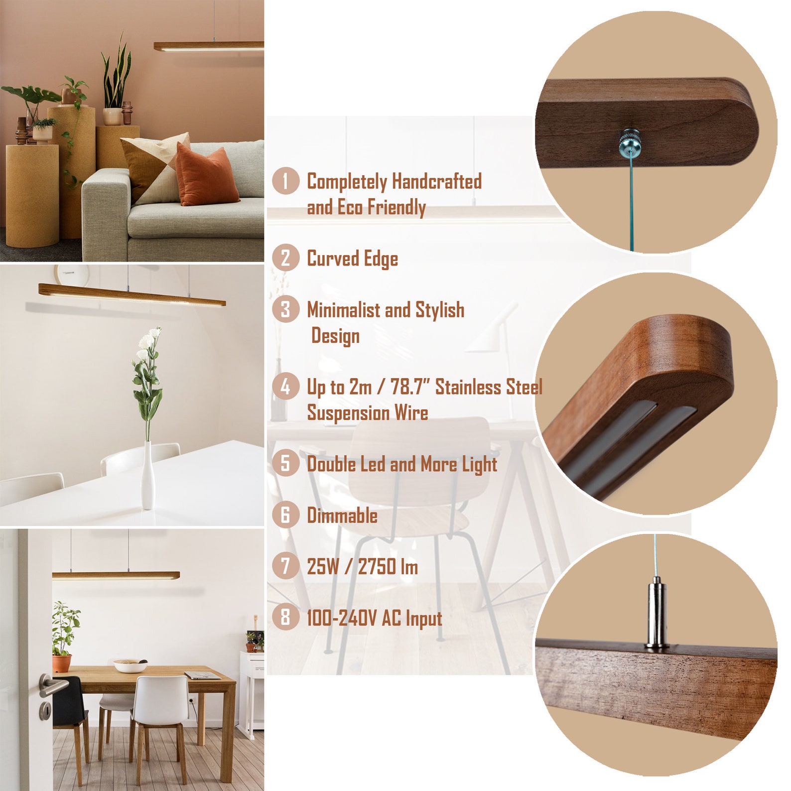 Walnut Wood Linear Pendant Light Curved Edge Minimalist - Etsy