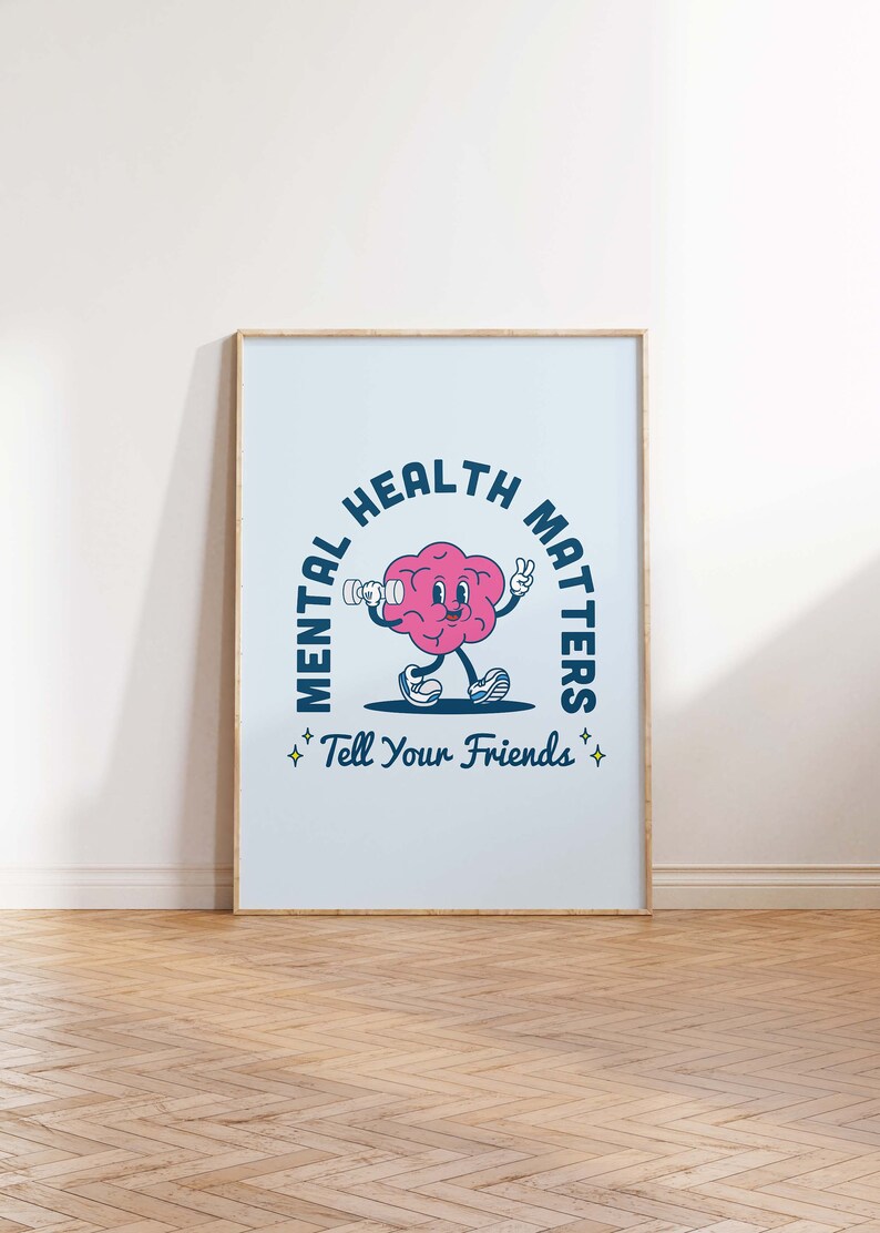 Mental Health Matters Wall Art Blue Pink Brain Poster Aesthetic Digital ...