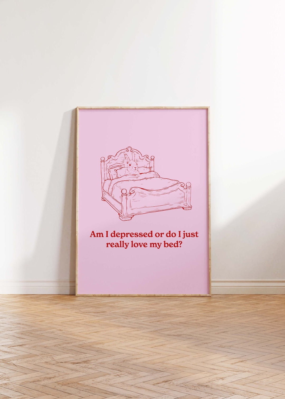 Am I Depressed or Do I Just Love Bed Funny Rabbit Wall Art Pink Mental ...